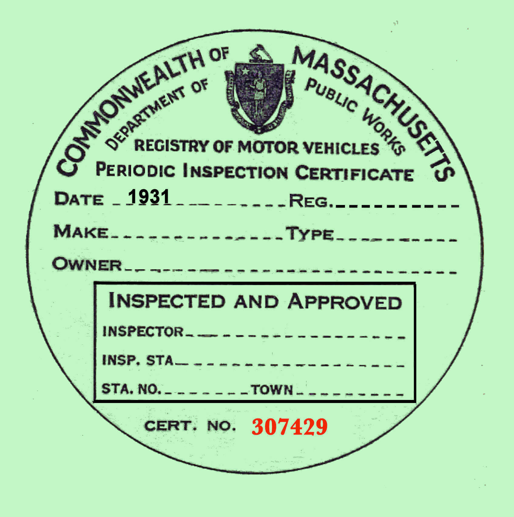 1931 Massachusetts INSPECTION Sticker : Bob Hoyts Classic Inspection ...