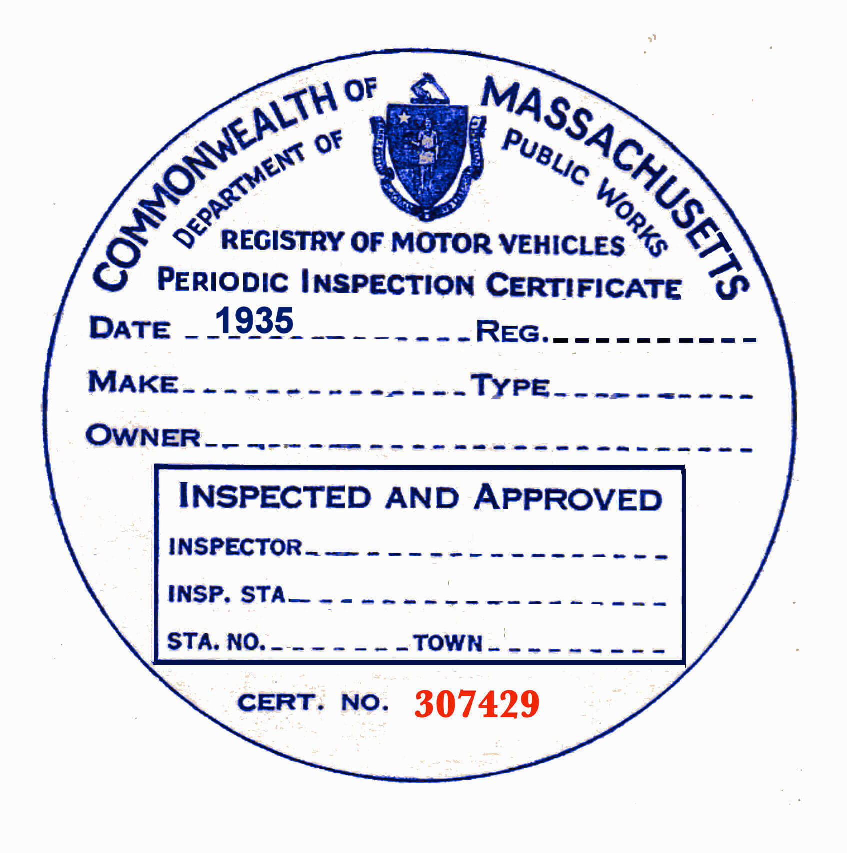 1935 Massachusetts Inspection Sticker : Bob Hoyts Classic Inspection ...