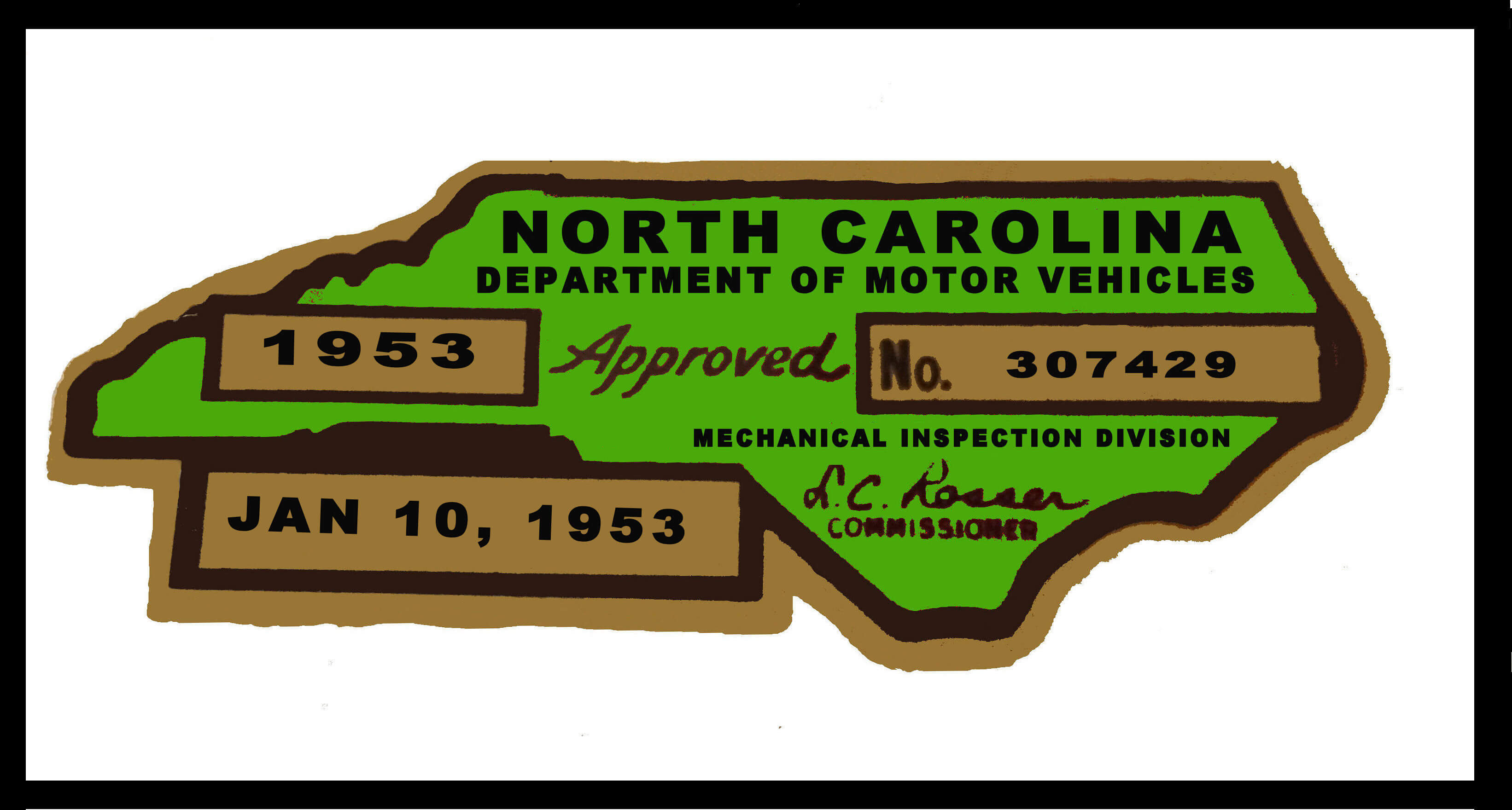 1953 NC Safety Check inspection sticker : Bob Hoyts Classic Inspection ...