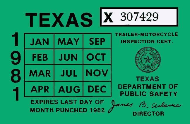Texas 1981 Cycle Inspection Sticker : Bob Hoyts Classic Inspection ...